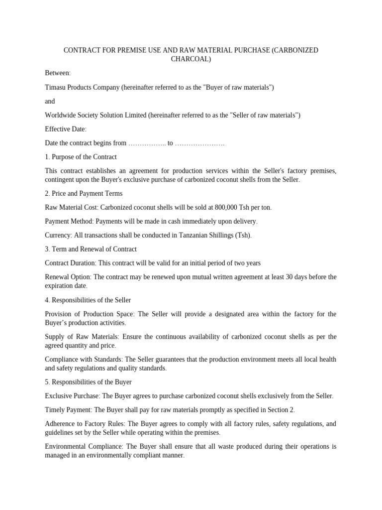Contract For Premise Use and Raw Material Purchase | PDF | Legal ...
