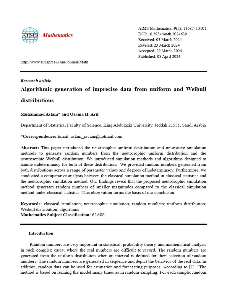Algorithmic Generation of Imprecise Data From Uniform and Weibull Distributions | PDF ...