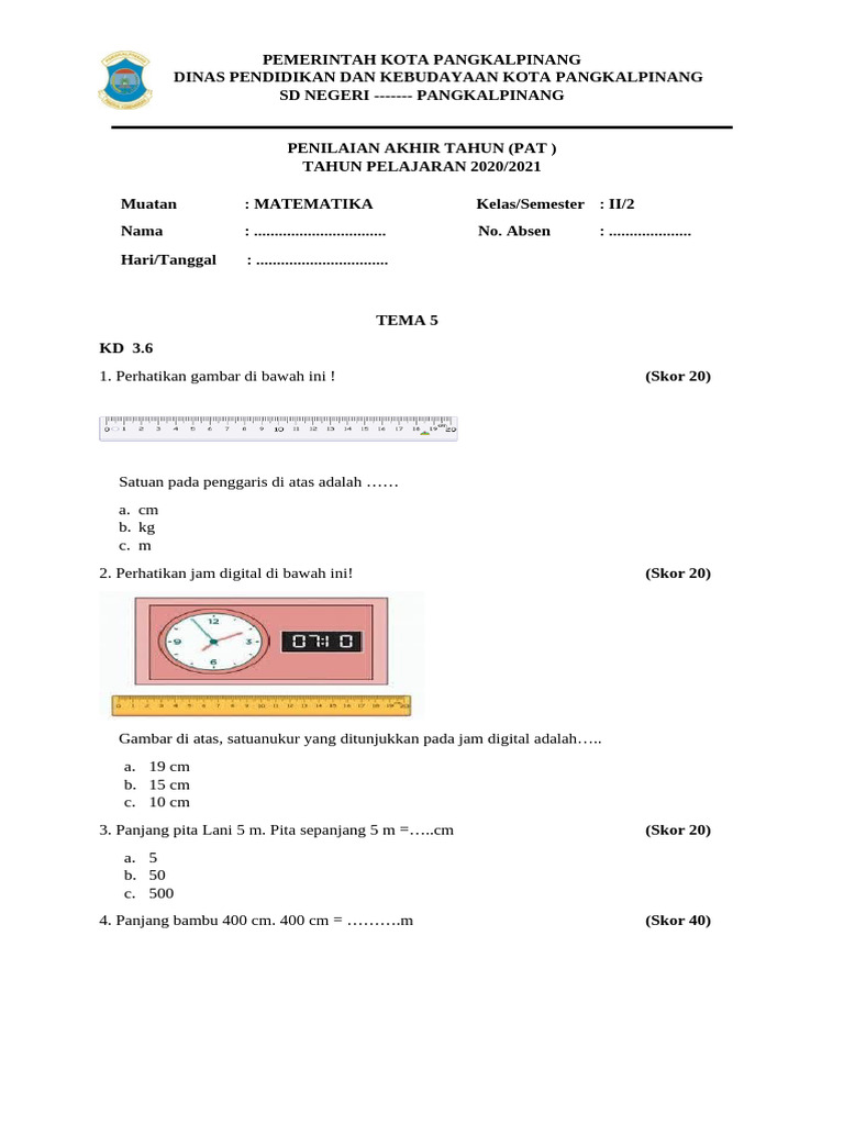 Soal Pat MTK Kelas 2 | PDF | Griya & Taman