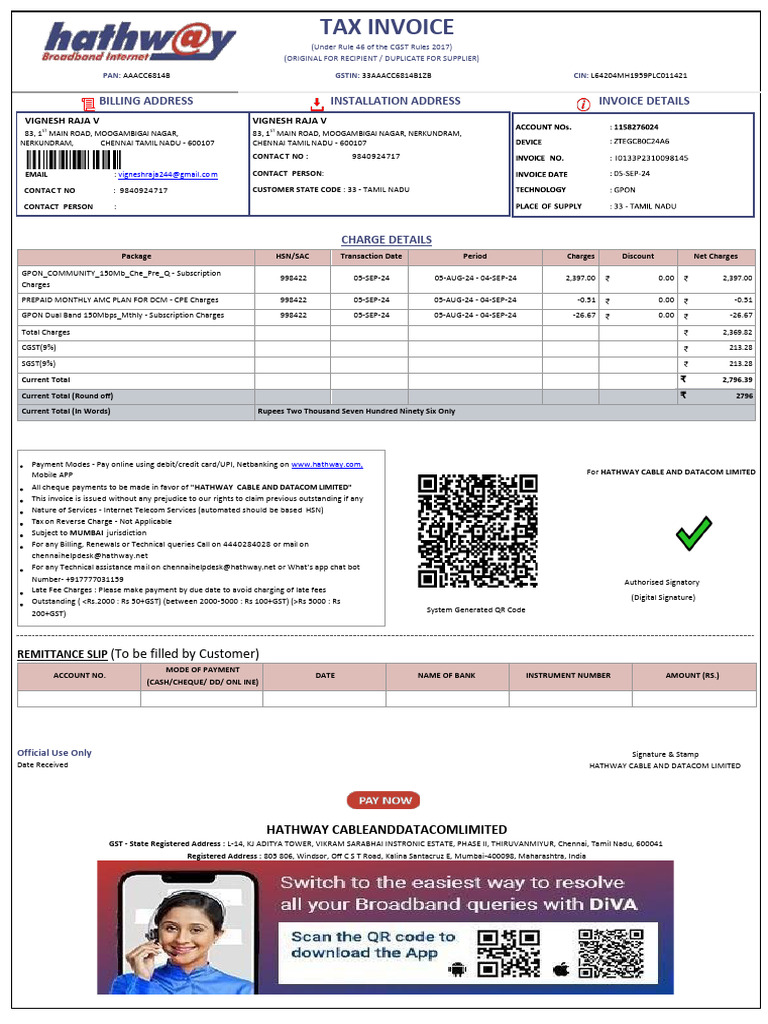 Hathway Primary Invoice 05 Sep 2024 | PDF | Payments | Invoice
