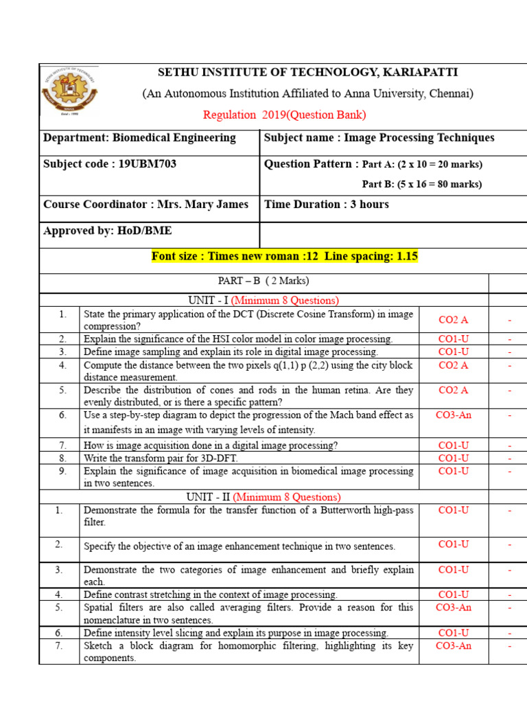 19UBM703 Image Processing Question Bank | PDF | Data Compression | Image Segmentation