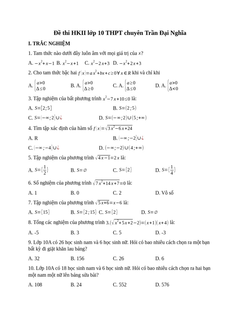 Đề ôn thi HKII lớp 10 TDN | PDF