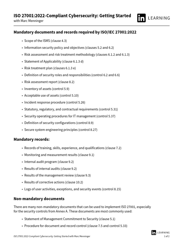 ISO 27001:2022 Mandatory Documents List | PDF | Computer Security ...