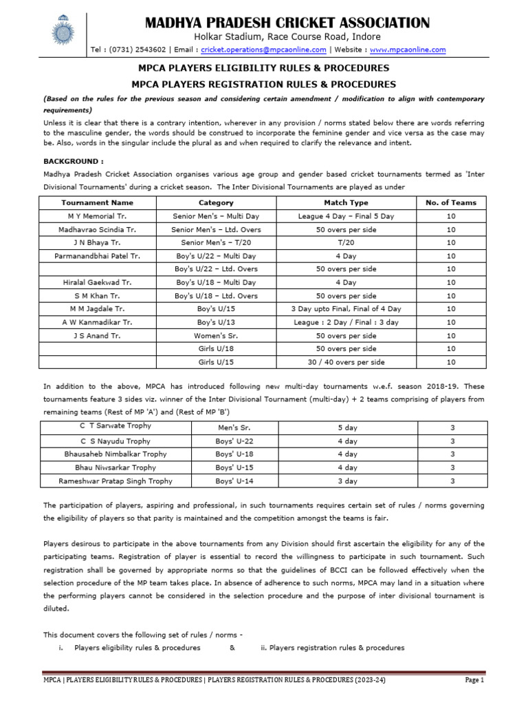 Mpca Players Eligibility Rules & Procedures Mpca Players Registration Rules & Procedures | PDF ...