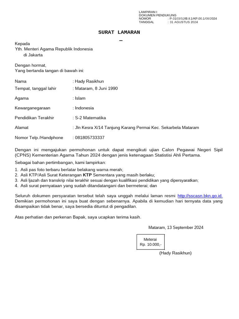 Surat Lamaran CPNS Kementerian Agama 2024 | PDF