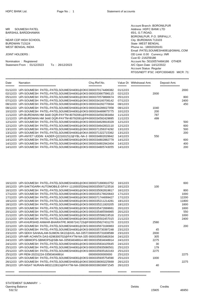 HDFC Bank Account Statement Summary | PDF | Personal Finance | Accounting
