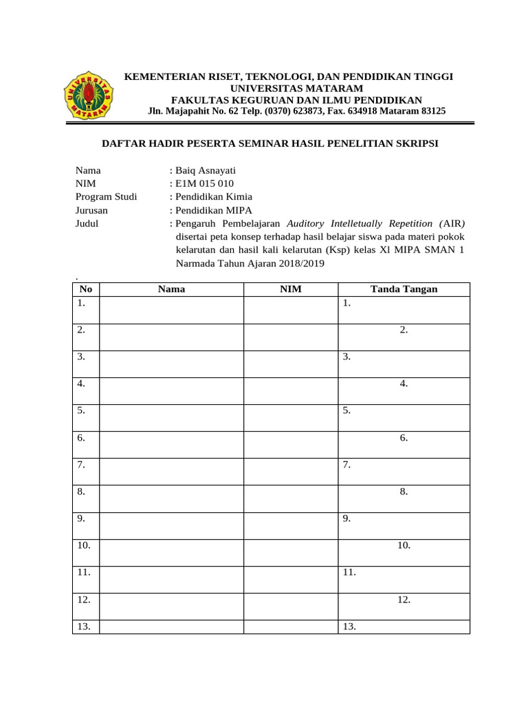 Daftar Hadir Seminar Skripsi Pendidikan Kimia | PDF | Sains & Matematika