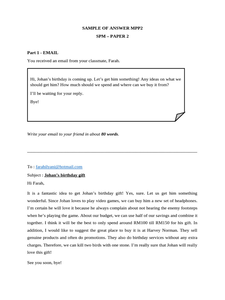 SPM - PAPER 2 PART 1 (2) - Birthday Gift | PDF