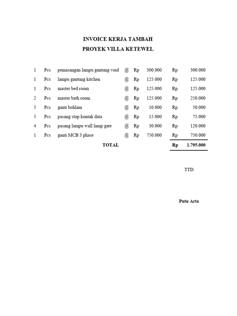 Invoice Kerja Tambah Proyek Villa Ketewel (Arta Teknik) | PDF