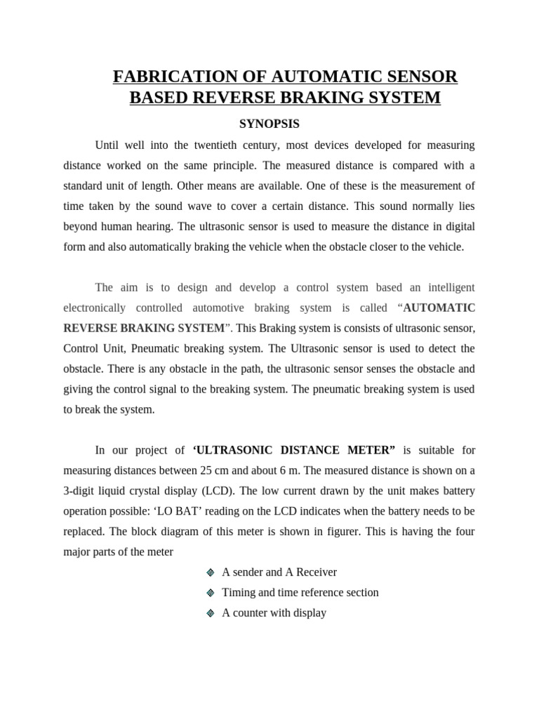 Fabrication of Automatic Sensor Based Reverse Braking System | PDF | Ultrasound | Equipment
