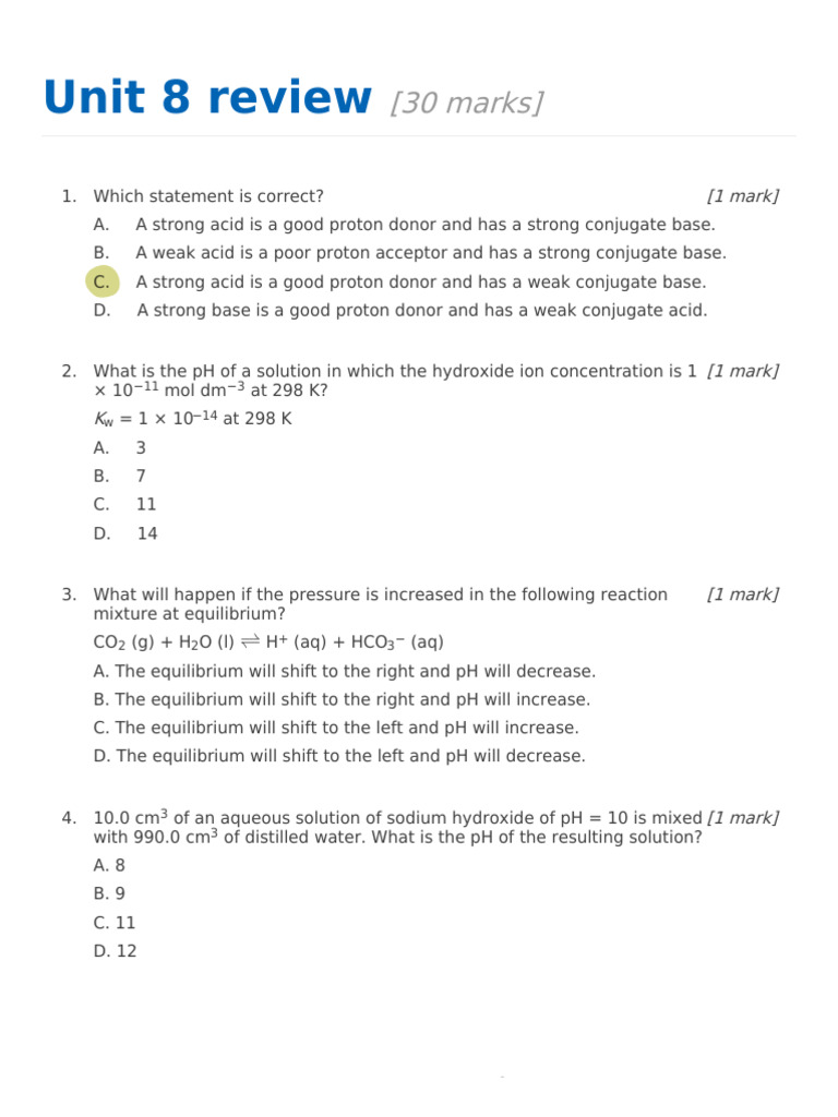 Unit 8 Review | PDF | Acid | Ph