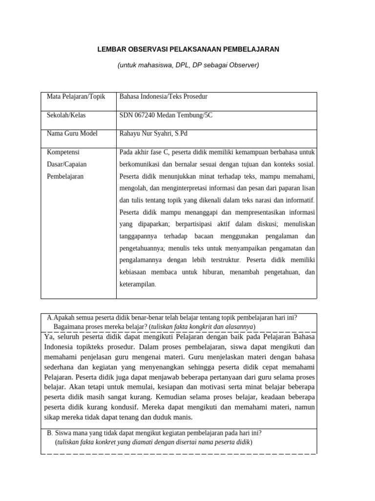 T4 - LK 4 - Siklus 2 - Format Lembar Observasi Pelaksanaan Pembelajaran Untuk Observer | PDF