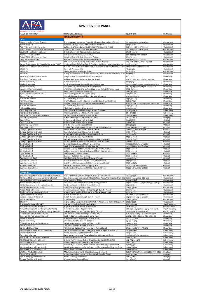 Apa Insurance Provider Panel 2023 | PDF | Nairobi | Patient