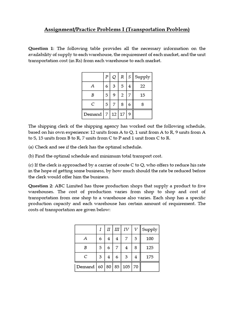 Practice Questions I (Transportation Problem Upto MODI Method) | PDF ...