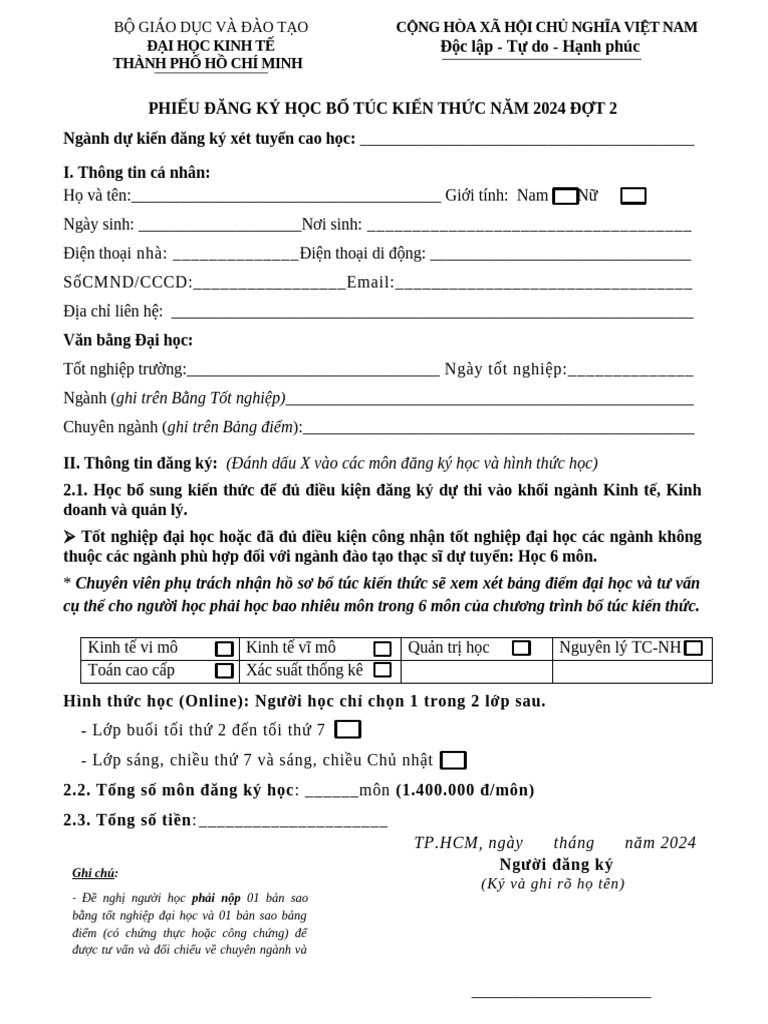 Phieu Dang Ky Hoc BTKT-2024 Đ T 2 | PDF