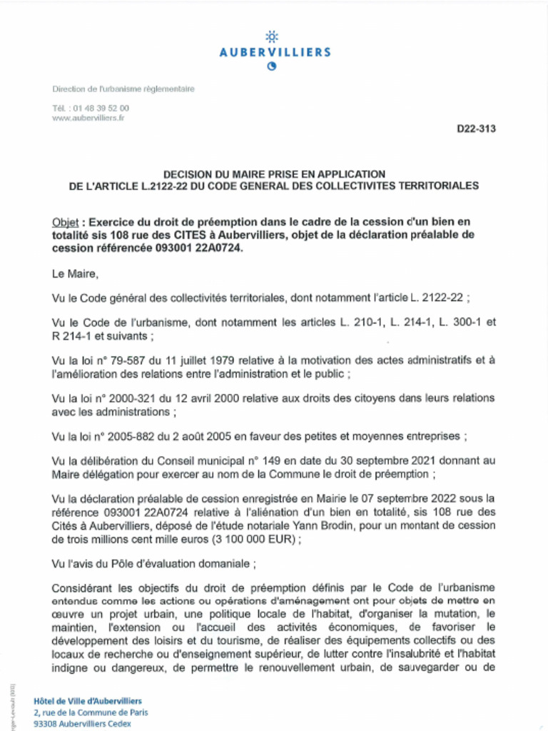 d22-313 Droit de Pre Emption - Cession D Unbien en Totalite Sis 108 Rue ...