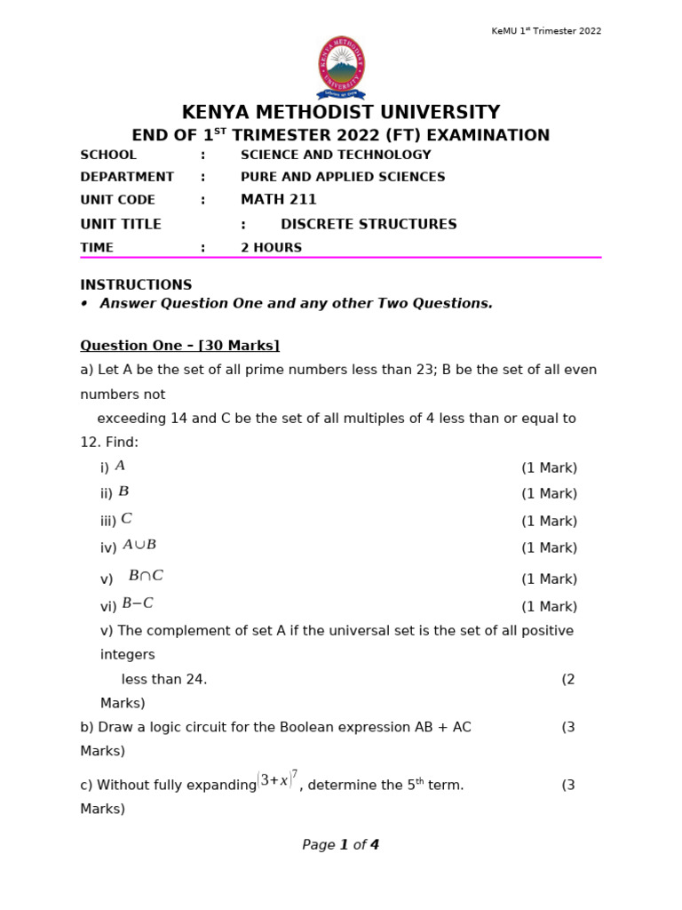 MATH 211 - Discrete Structures | PDF | Function (Mathematics) | Mathematical Relations