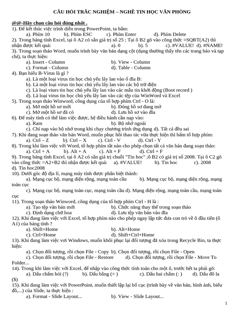 Tong Hop Cau Hoi Trac Nghiem Tin Hoc Van Phong | PDF