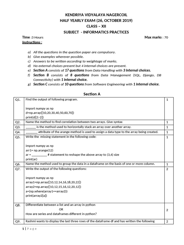 Class Xii (Informatics Practices) Half Yearly QP Chennai Region | PDF | Data Management Software ...