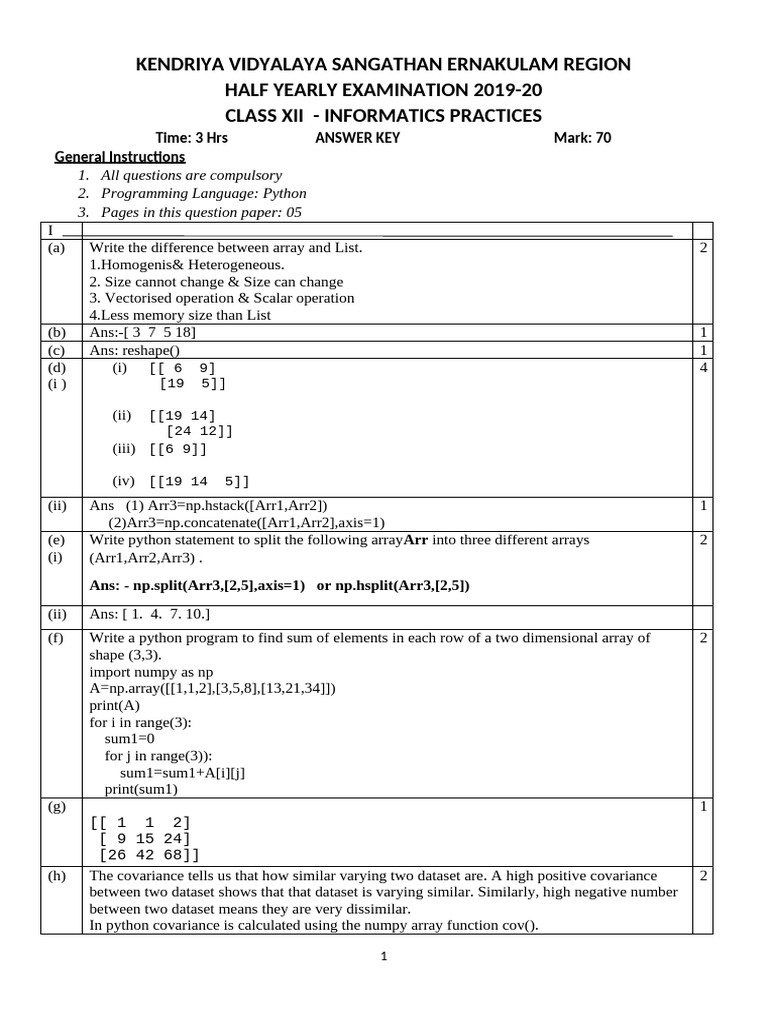 Class Xii Informatics Practices Half Yearly Qp And Ms Ernakulam Region Pdf Version Control