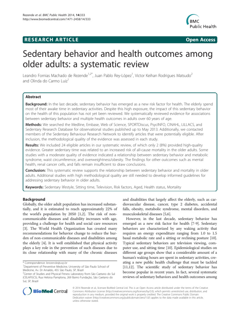 Sedentary Behavior and Health Outcomes | PDF | Sedentary Lifestyle ...
