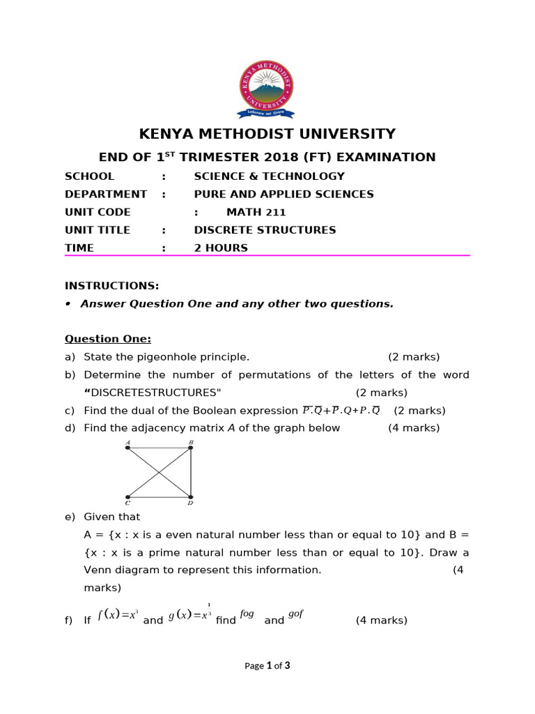 Discrete Structures (Math 211) FT 1st Trimester 2018 | PDF | Vertex ...