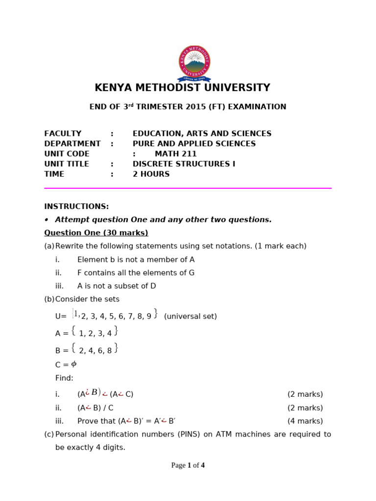 Discrete Structures I (MATH 211) 3rd Trimester 2015 | PDF | Function ...