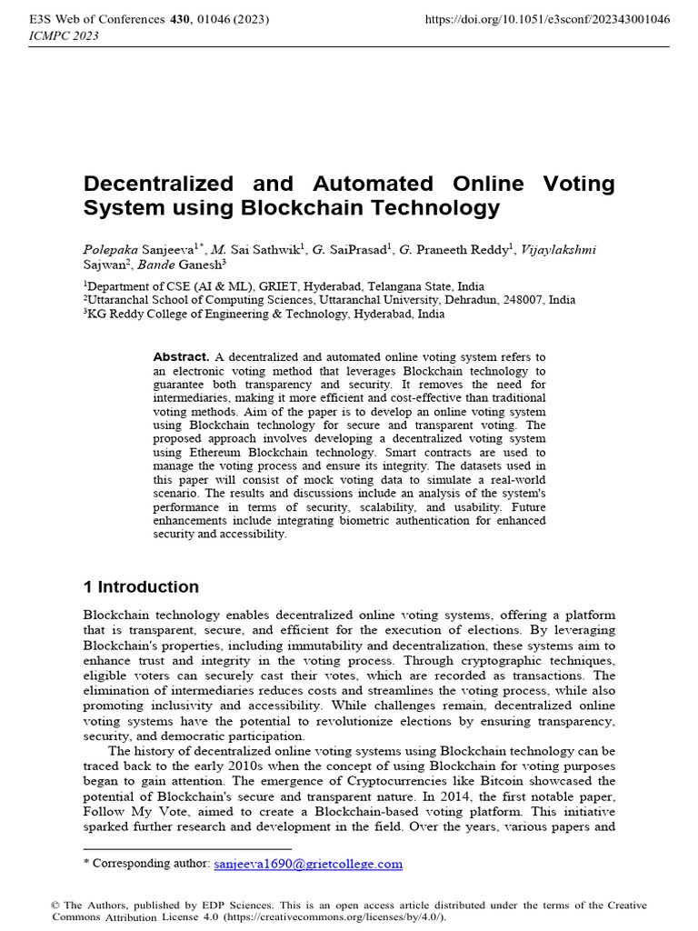 Decentralized and Automated Online Voting Using Blockchain | PDF | Electronic Voting | Voting