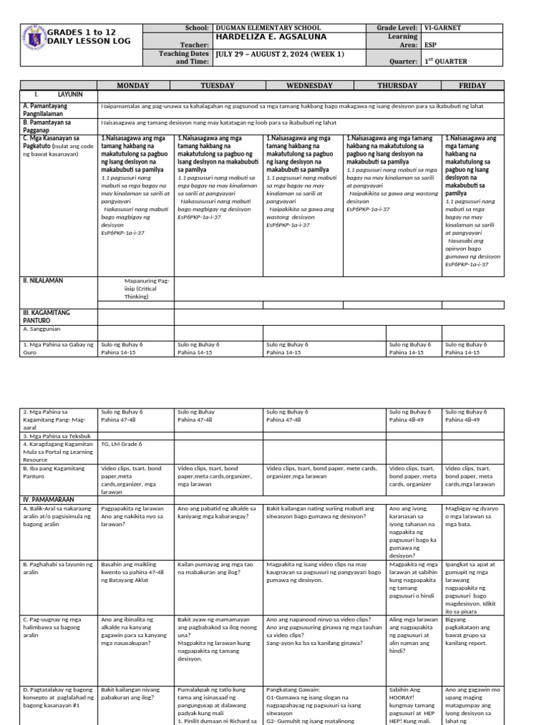 DLL - Esp 6 - Q1 - W1 | PDF