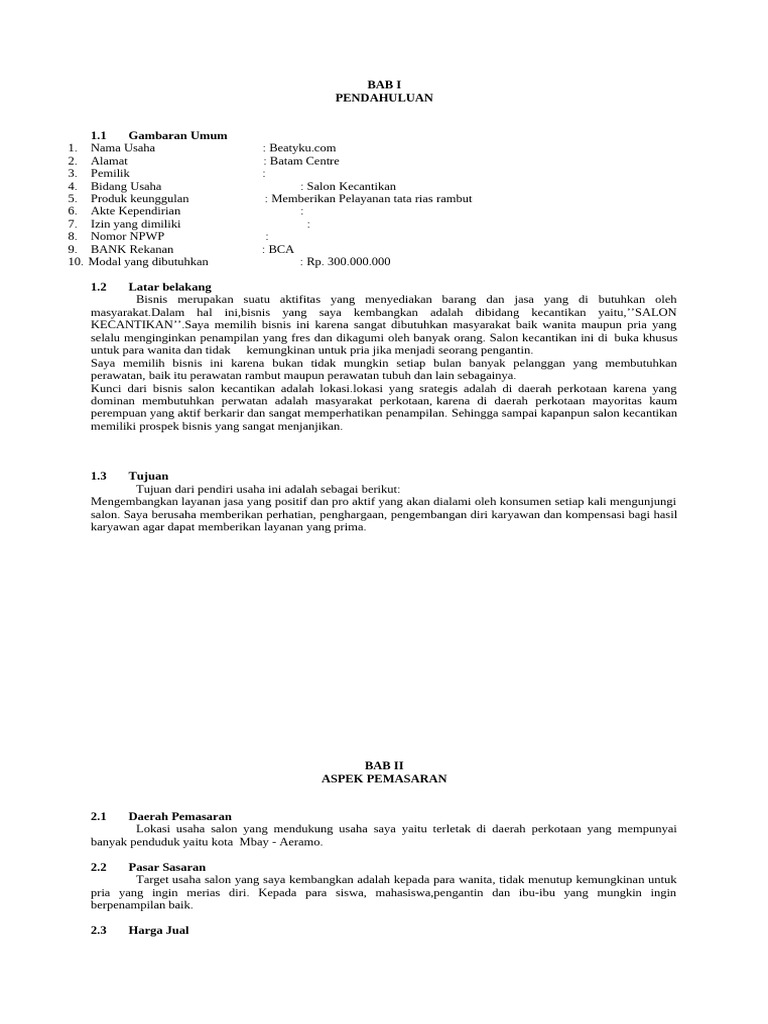 Contoh Proposal Usaha Salon Kecantikan 1 | PDF