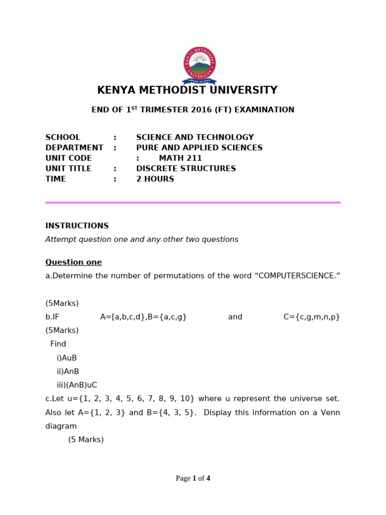 Descrtrete Structures (Math 211) 1st Trimester 2016 | PDF | Algebra ...
