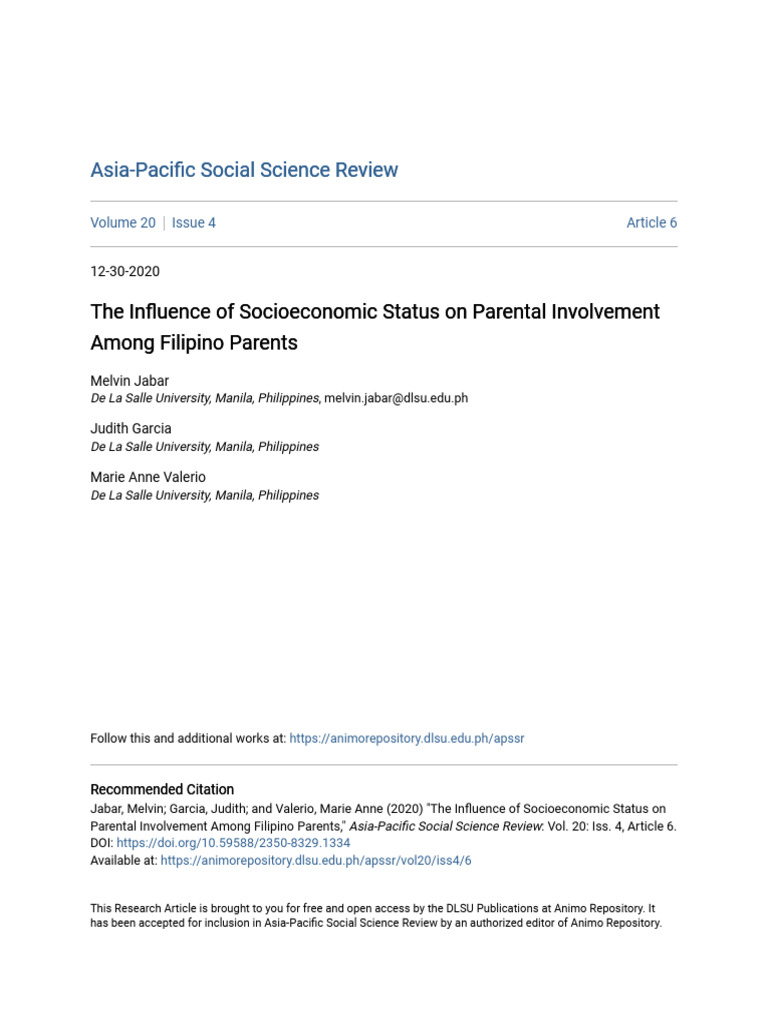 The Influence of Socioeconomic Status On Parental Involvement | PDF ...