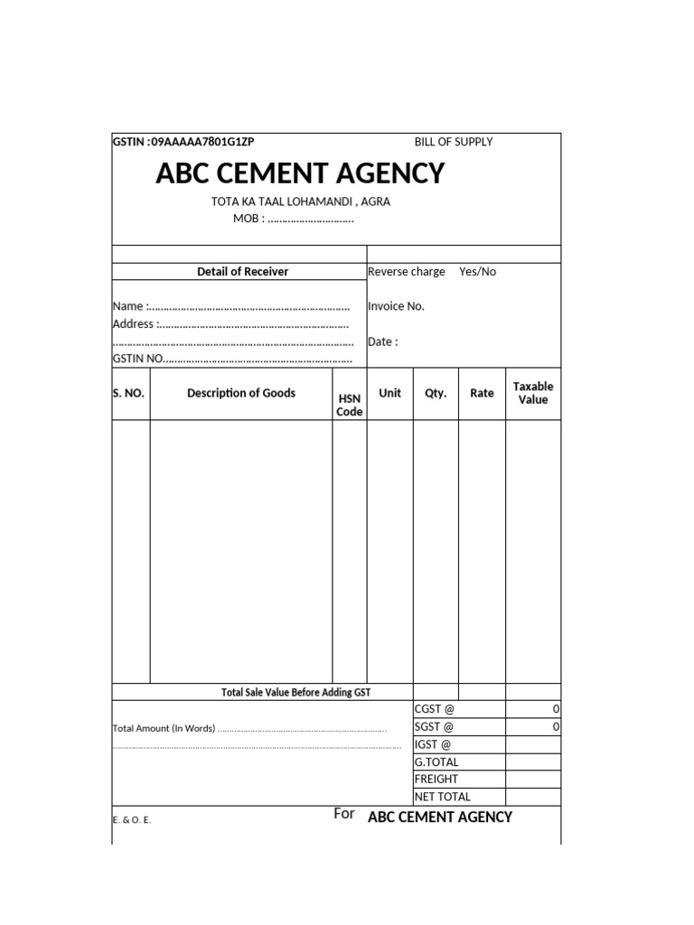 GST Bill of Supply Format for Cement | PDF