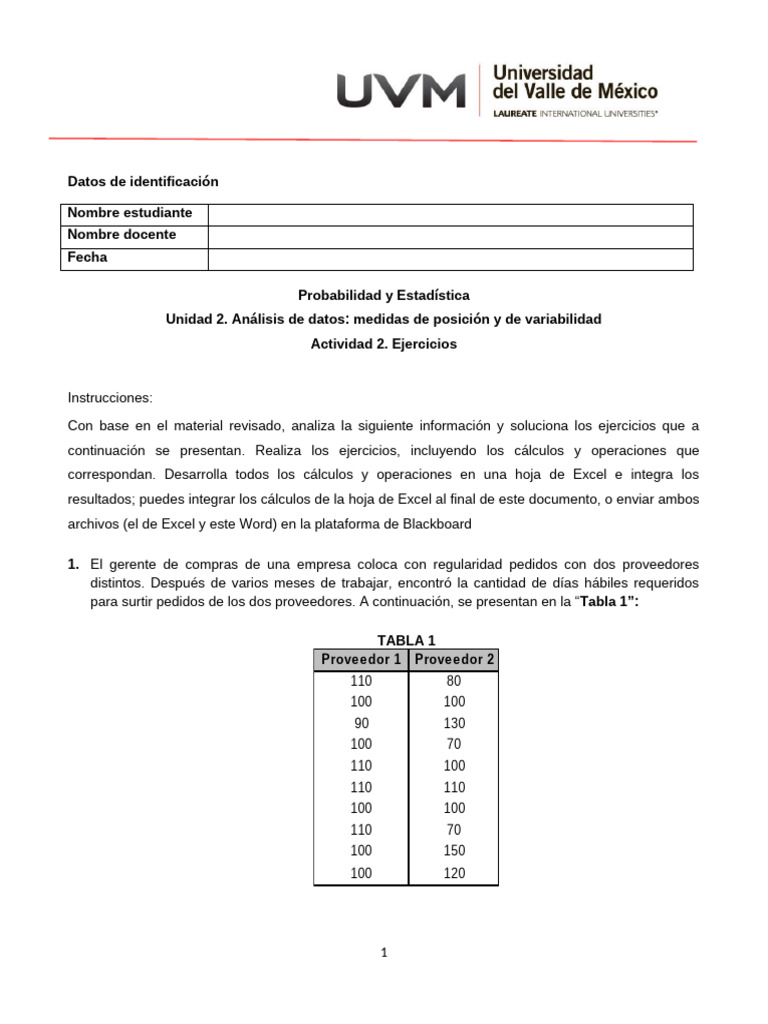 U2 Act 2 | PDF | Desviación Estándar | Mediana