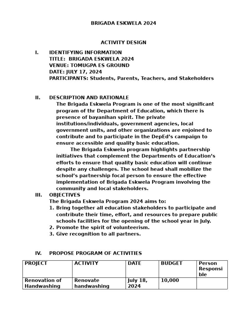 Sample Program Design of Brigada Eskwela 2024 | PDF