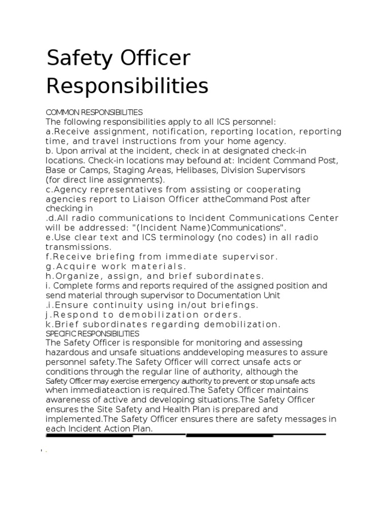 Safety Officer Responsibilities | PDF | Incident Command System | Safety