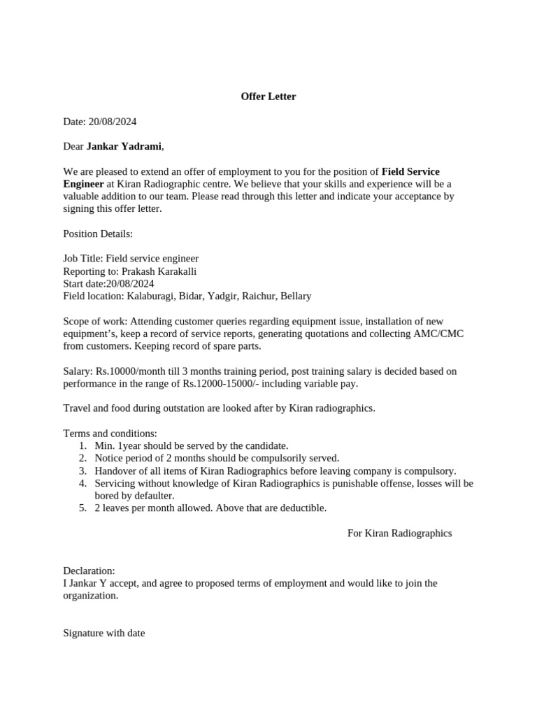 KRC Offer Letter | PDF