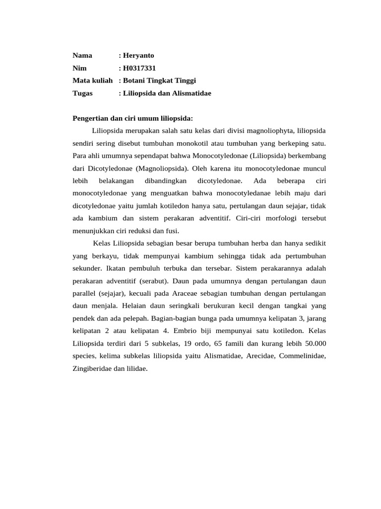 Ciri dan Klasifikasi Liliopsida | PDF