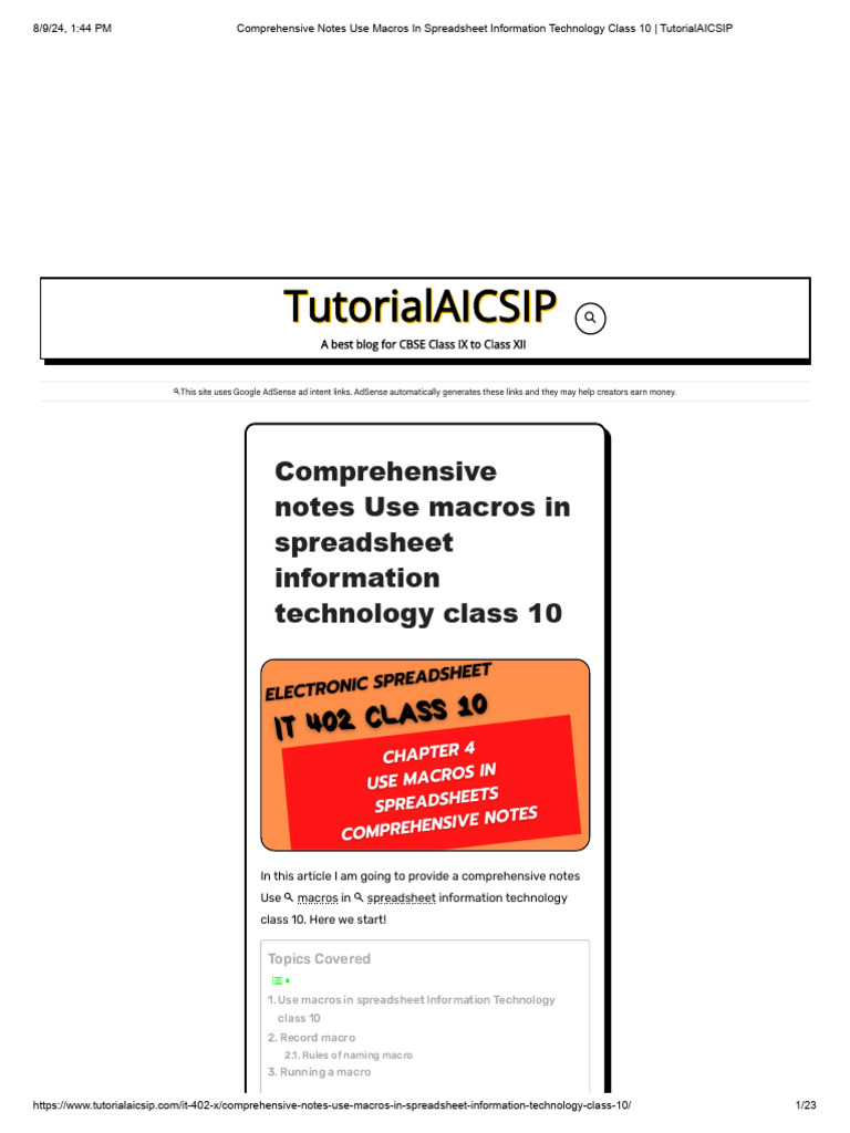 Comprehensive Notes Use Macros in Spreadsheet Information Technology ...