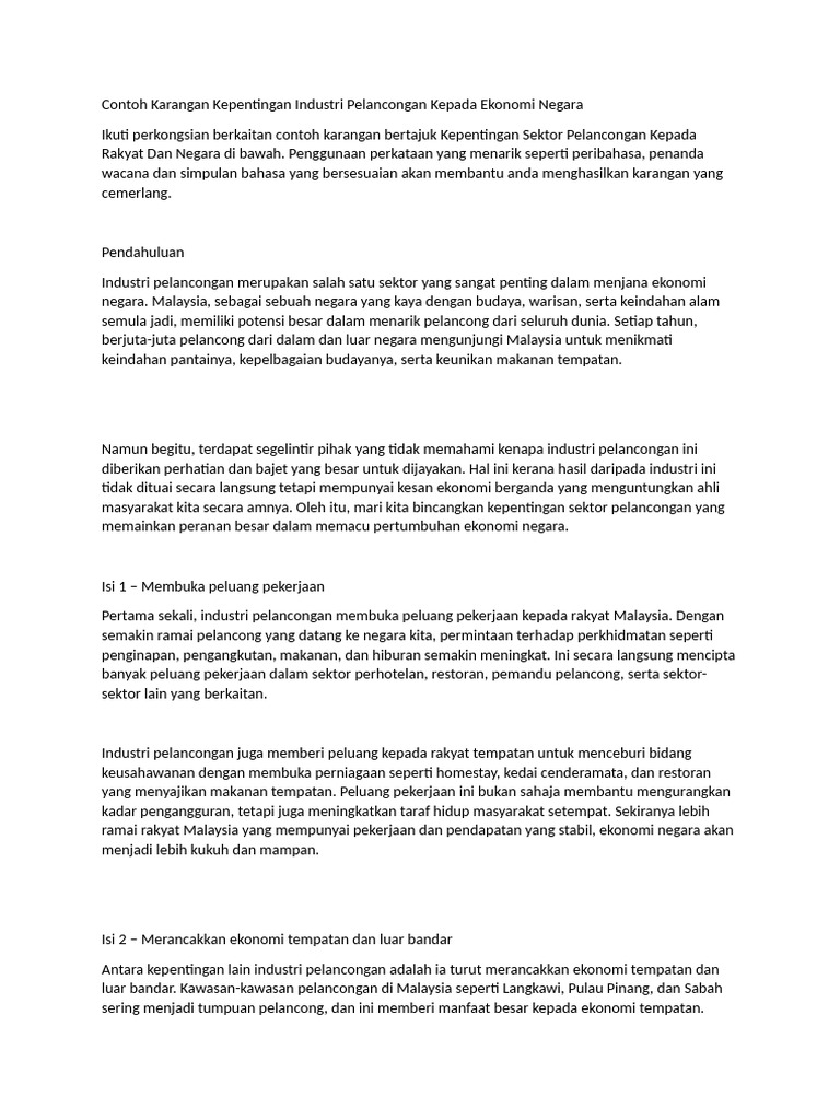 Contoh Karangan Kepentingan Industri Pelancongan Kepada Ekonomi Negara ...