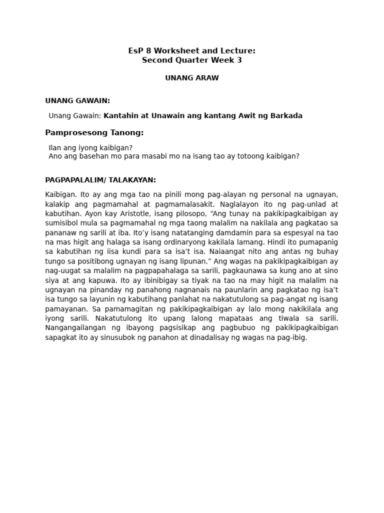 EsP8 Worksheet Q2 W3 | PDF