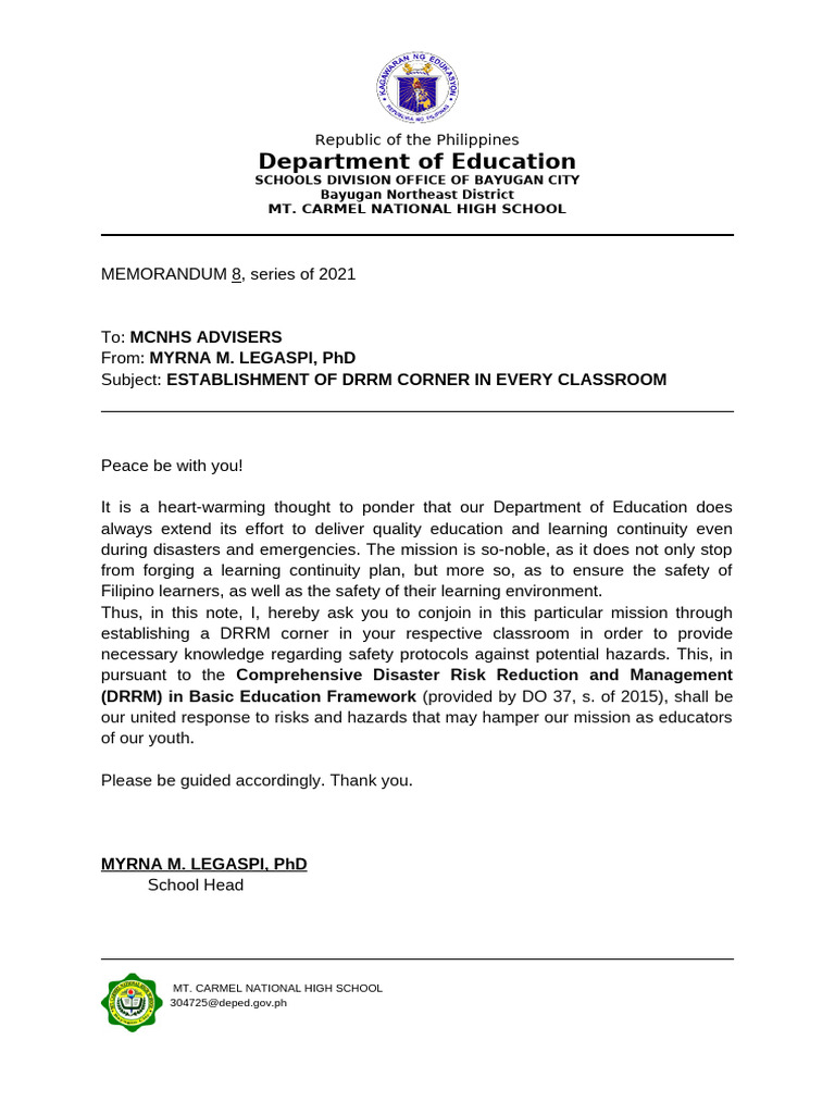 DRRM Corner Memo | PDF | Social Science