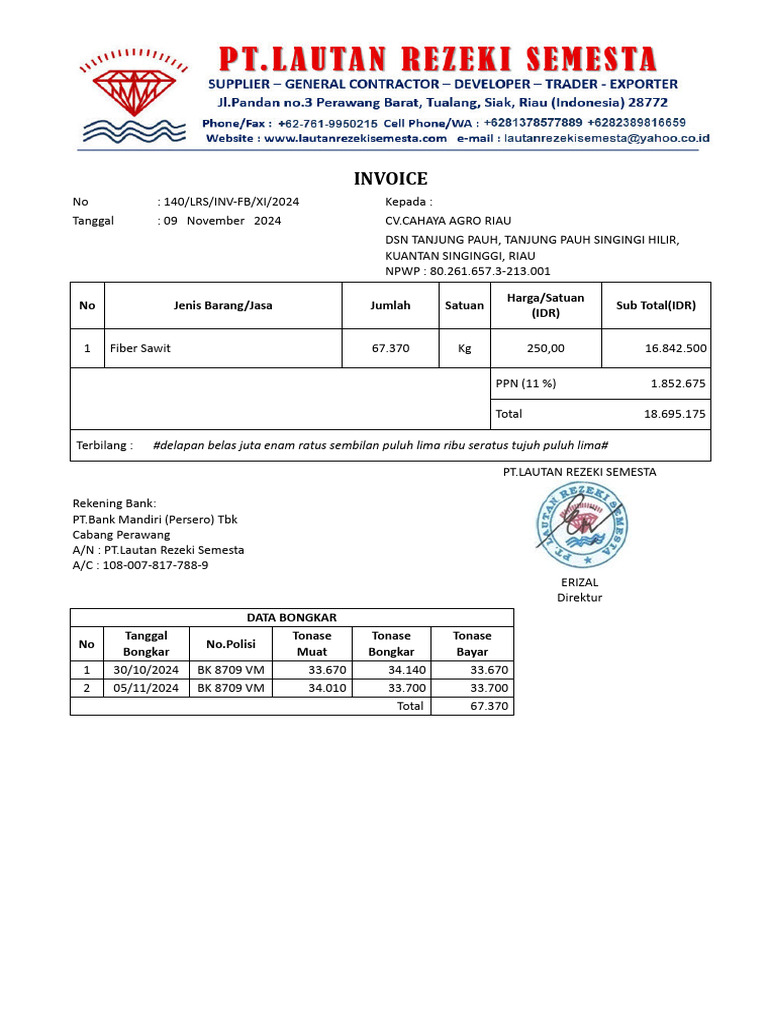 Invoice Fiber Sawit CV. Cahaya Agro Riau | PDF