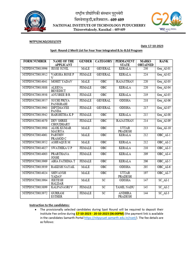Spot - Round-2 Merit List For Four Year Integrated B.sc-b.Ed Program ...