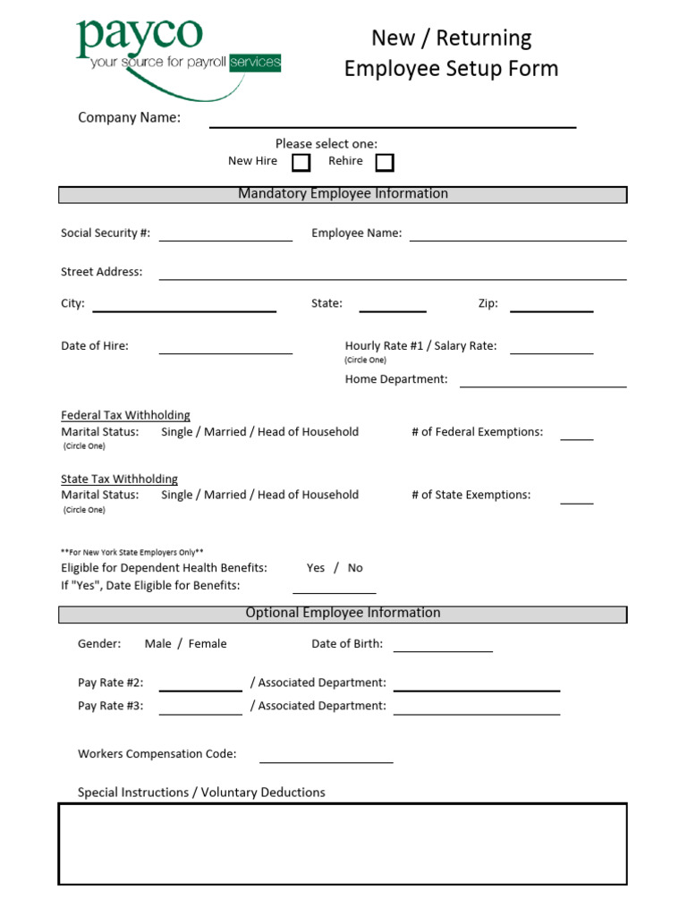 New Returning Employee Setup Form | PDF | Finance & Money Management