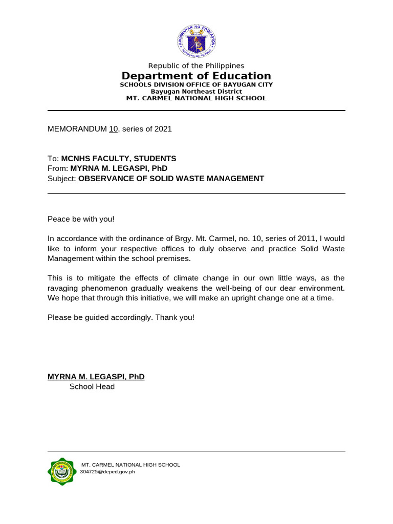 Memo On Solid Waste Management | PDF