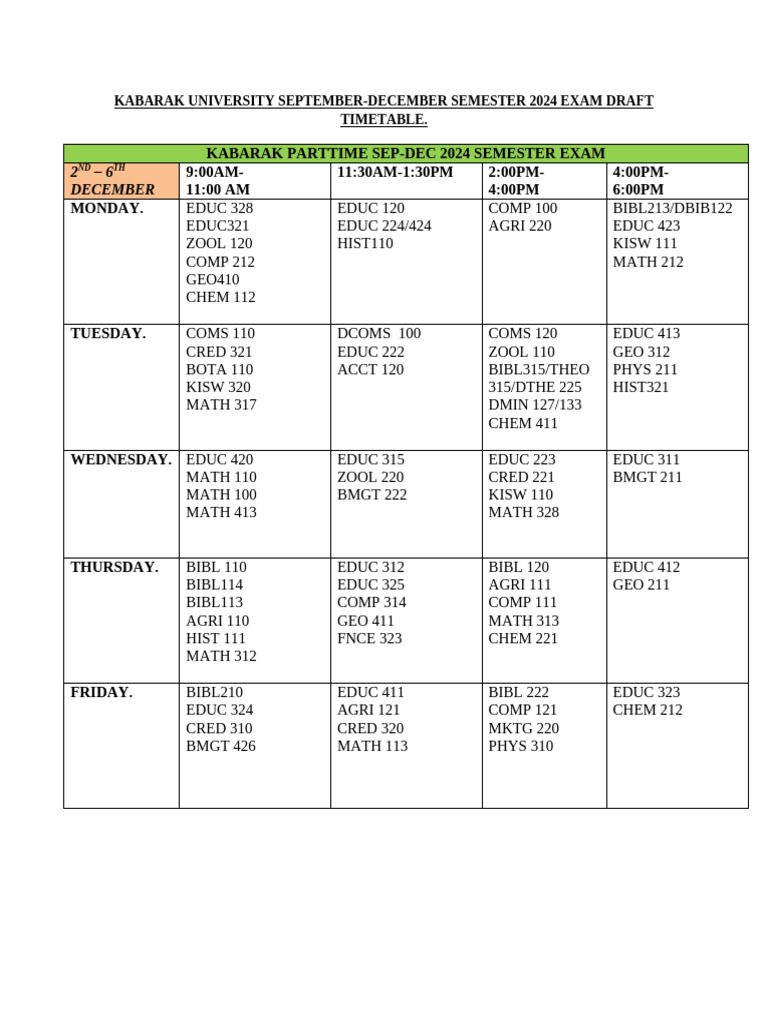 Sep-Dec Final Draft Exam Timetable-1 | PDF