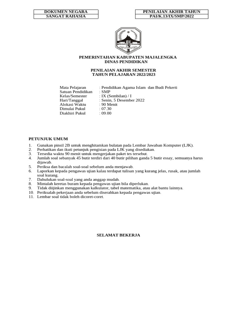 Soal PAS PAI Kelas 9 Semester Ganjil TP 2022-2023 | PDF