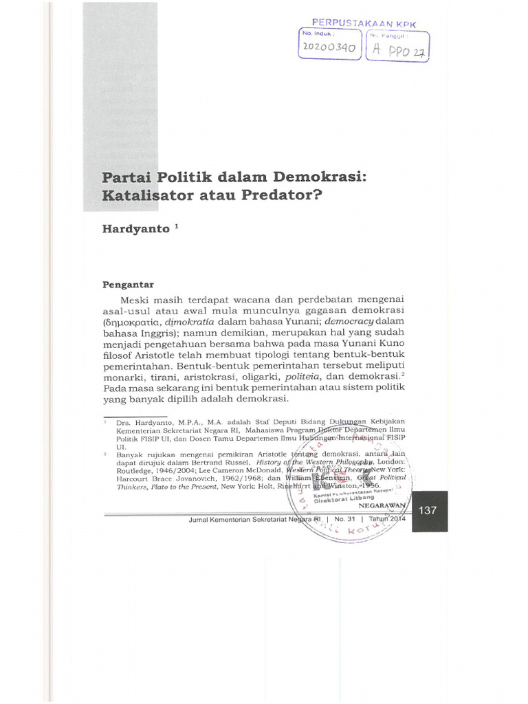Partai Politik Dalam Demokrasi Katalisator Atau Predator | PDF