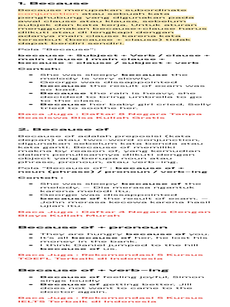 Because Dan Because Of, Penggunaan Yang Benar Serta Contohnya | PDF ...